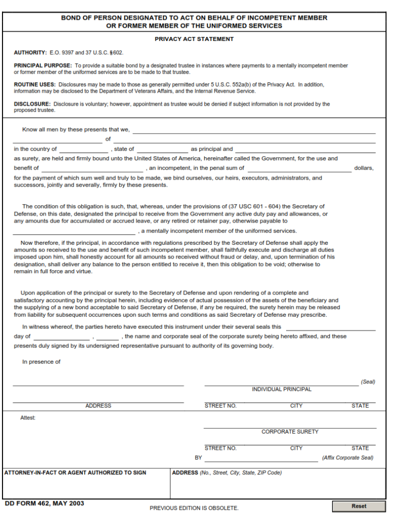 DD Form 462 – Bond of Person Designated to Act on Behalf of Incompetent ...