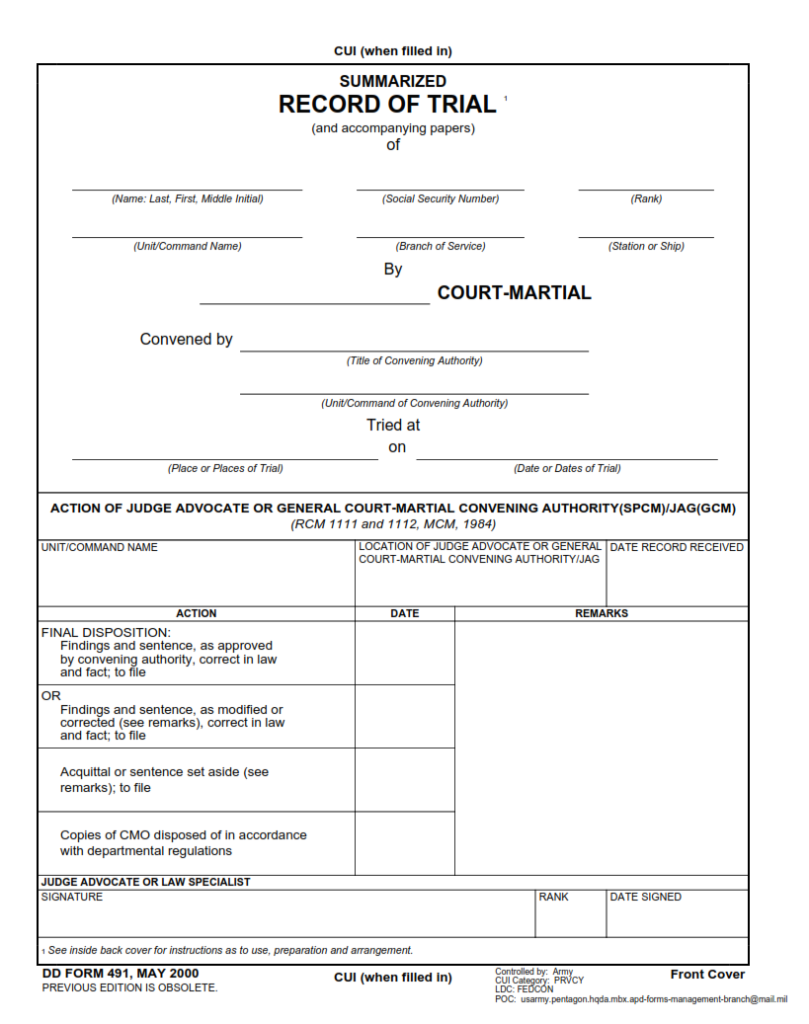 DD Form 491 – Summarized Record of Trial | Origin Form Studio