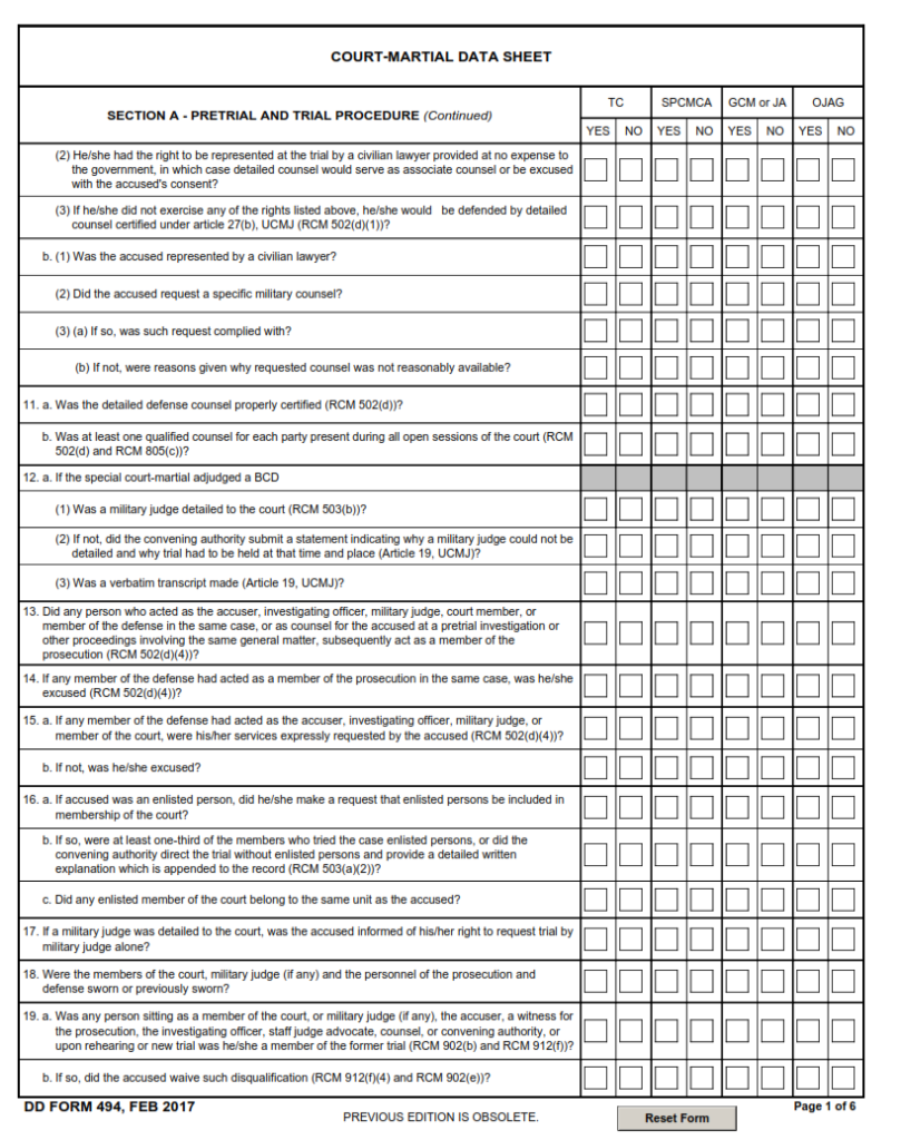 DD Form 494 – Court-Martial Data Sheet | Origin Form Studio