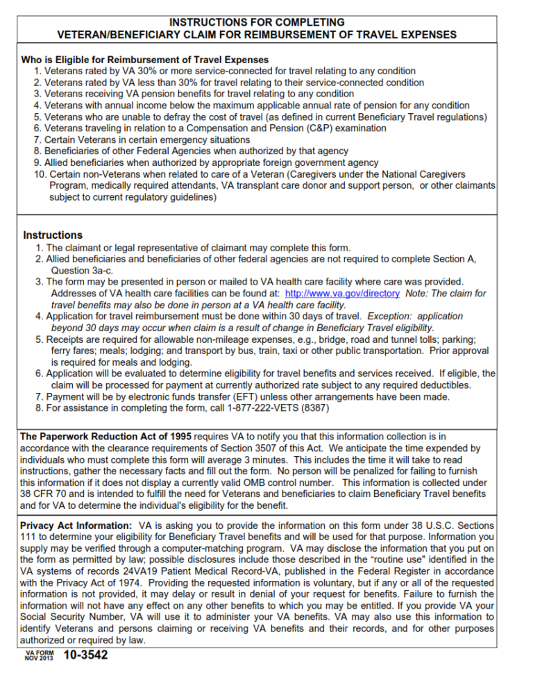 VA Form 10-3542 – Veteran/Beneficiary Claim for Reimbursement of Travel ...