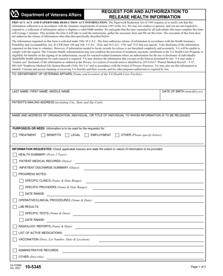 VA Form 10-5345 – Request for and Authorization to Release Health ...