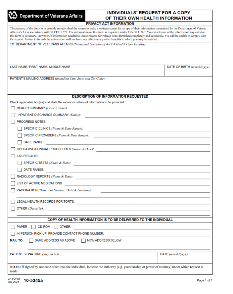 VA Form 10-5345A – Individuals’ Request for a Copy of Their Own Health ...