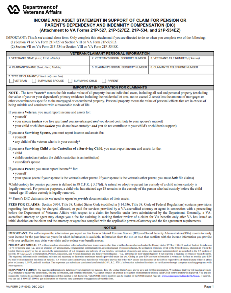 VA Form 21p-0969 – Income and Asset Statement in Support of Claim for Pension or Parents ...