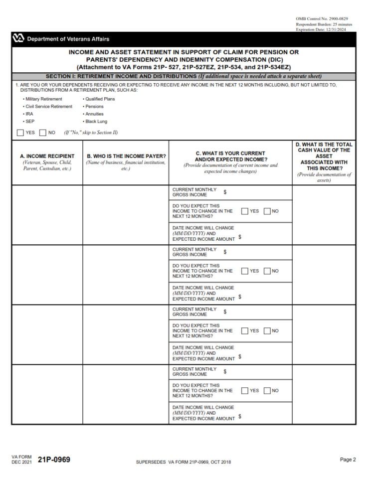 VA Form 21p-0969 – Income and Asset Statement in Support of Claim for ...